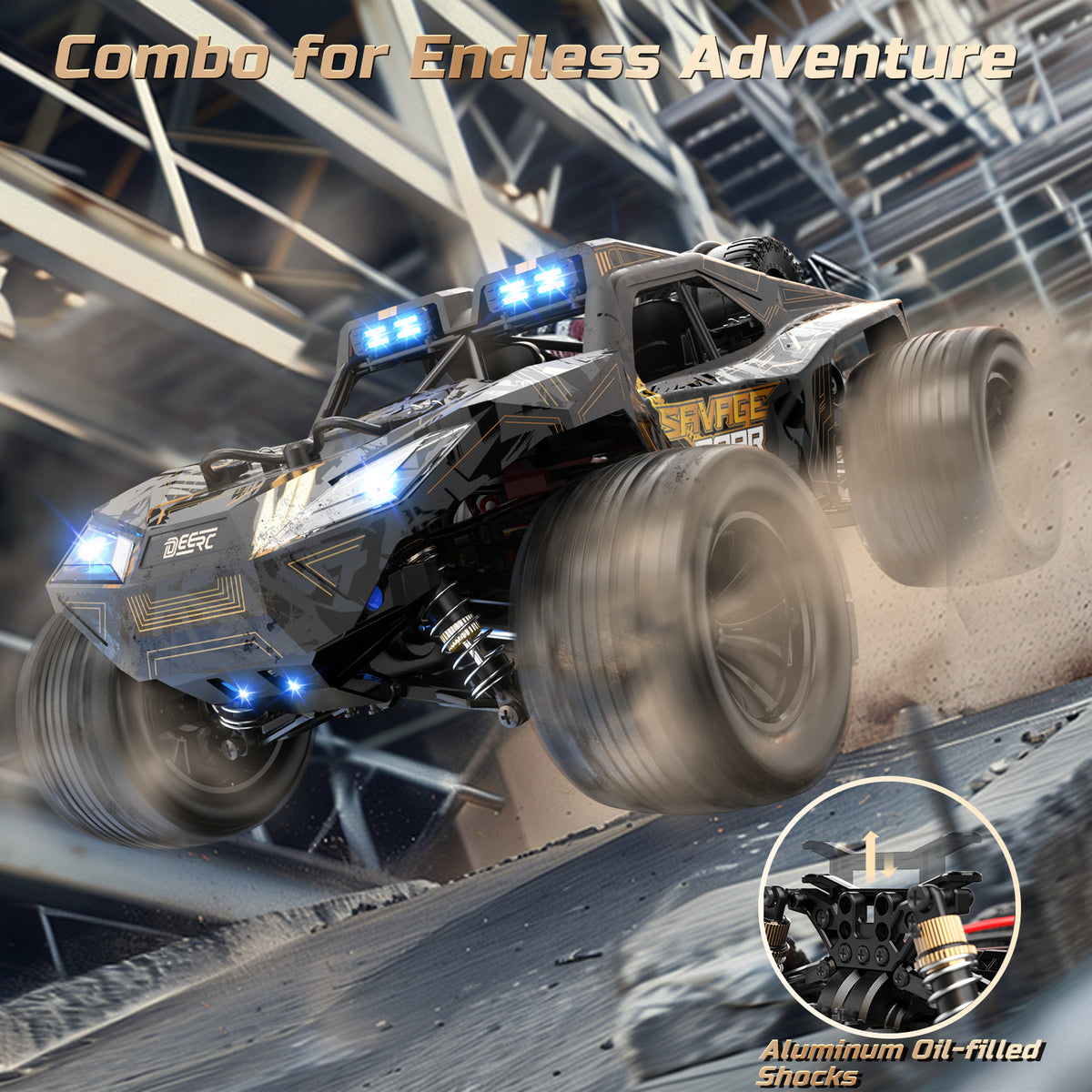 DEERC 1:14 Crawler RC Car, 48Kph High Speed RC Truck with LED Headligh