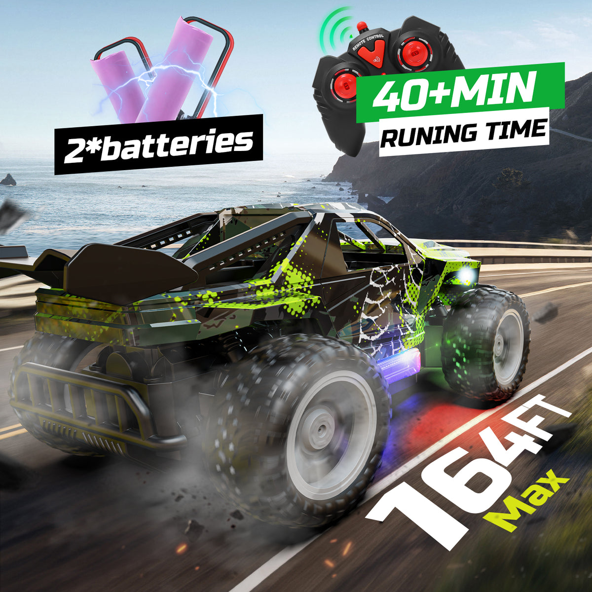 DEERC Remote Control Car with LED Colorful Lights, 1:18 RC Truck for B