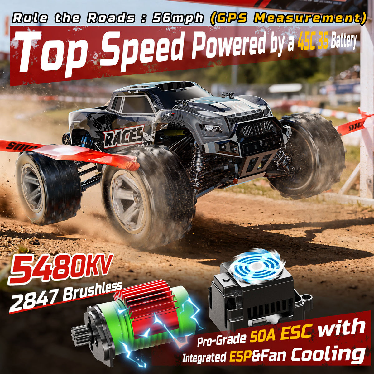 DEERC 1/16 Fast Brushless RC Cars for Adults, Max 56mph, 2 3S Lipo Bat