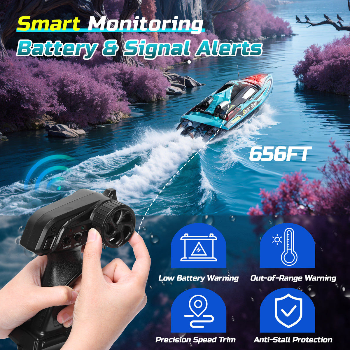 DEERC Brushless RC Boat for Adults, 34MPH Extra-Long 19" High Speed Re