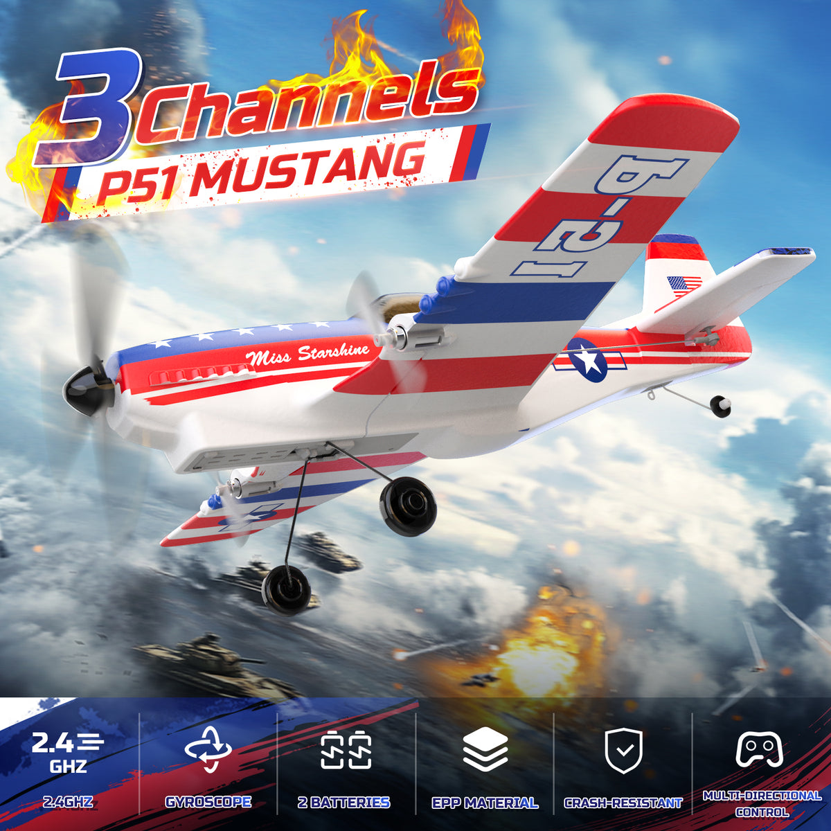 DEERC RC Plane 3 Channel P51D Mustang Remote Control Airplane Fighter