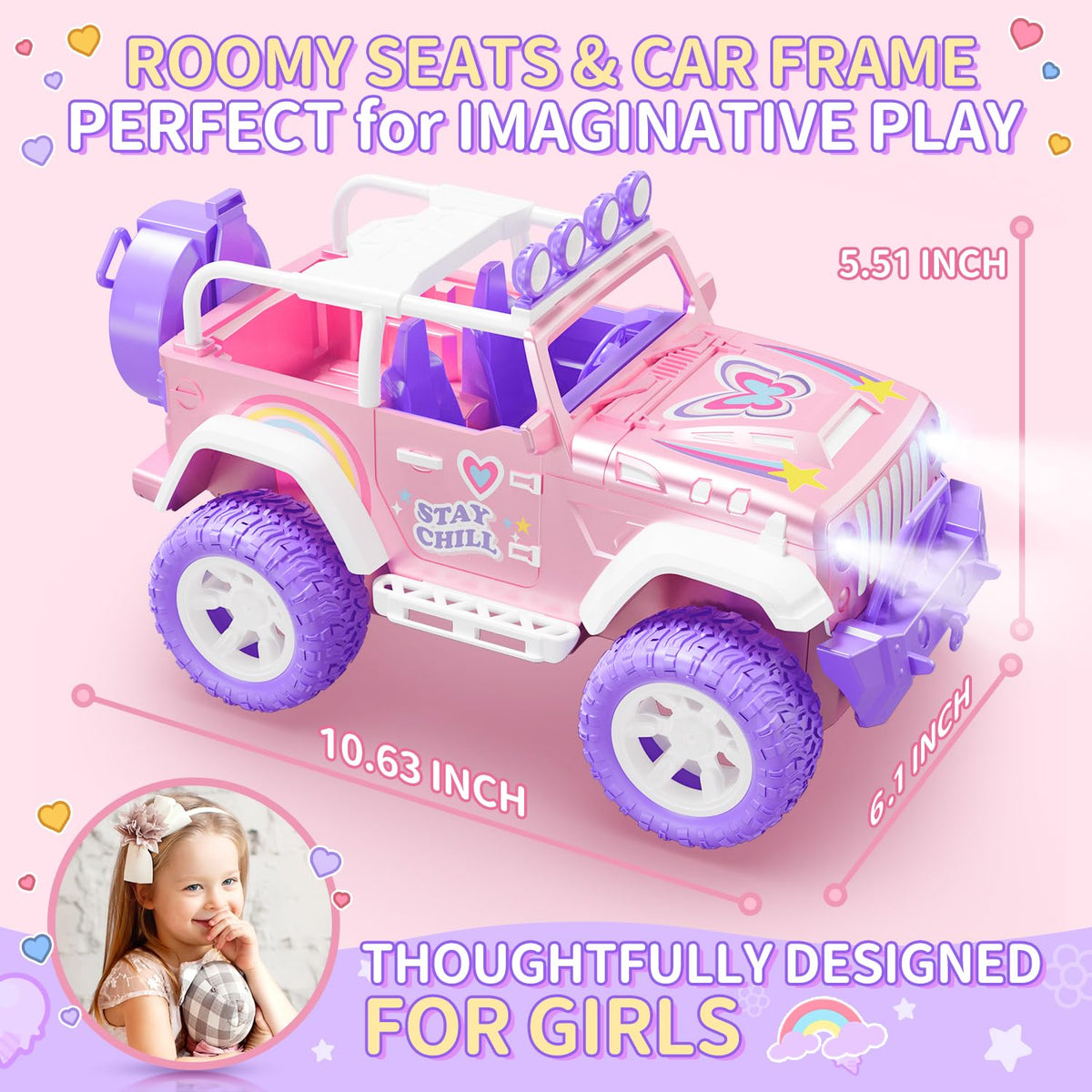 DEERC Pink Remote Control Car for Girls with Fog Mist & Music, 1:16 RC