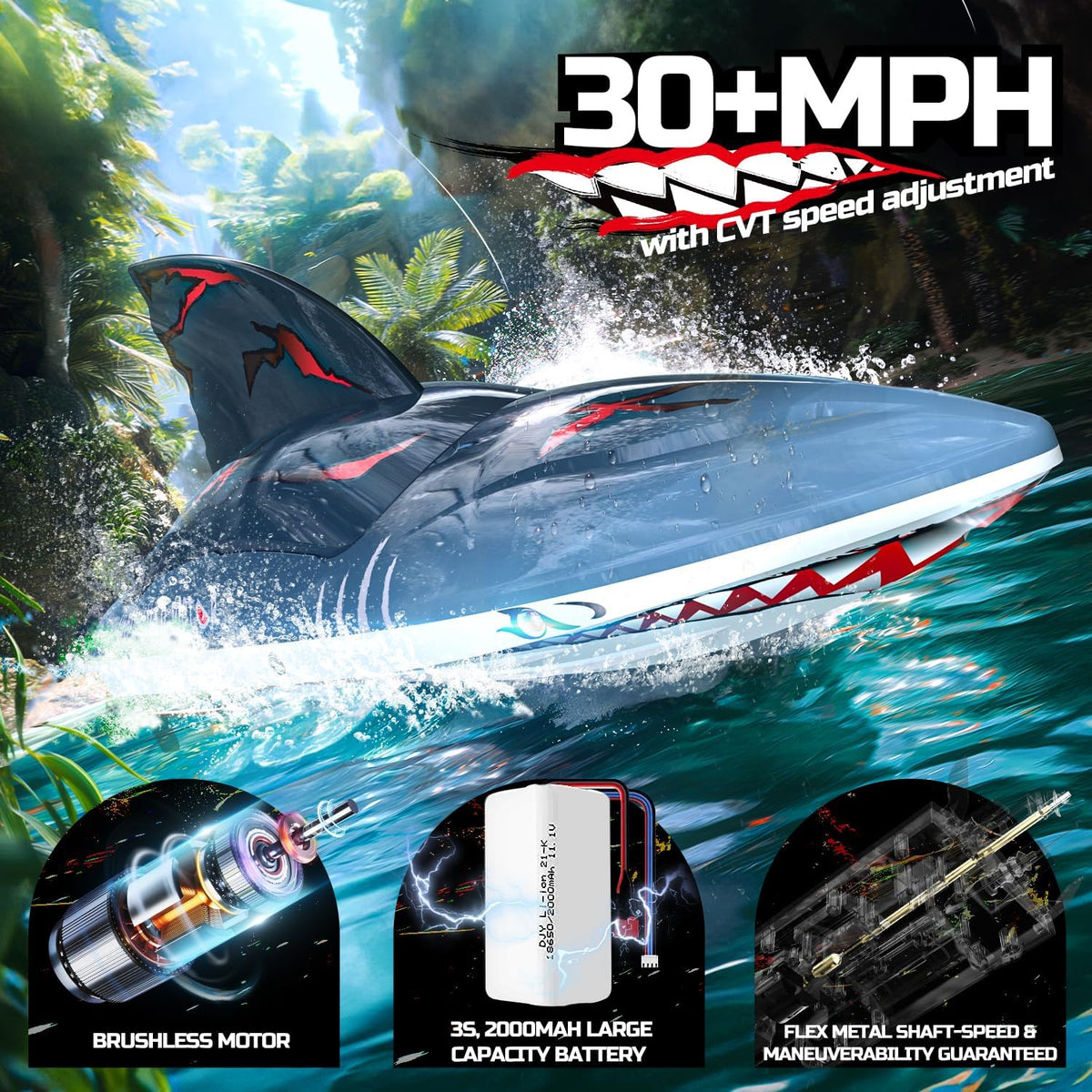 DEERC Fast Brushless RC Boat for Adults, 30+MPH 3S High Speed Remote C