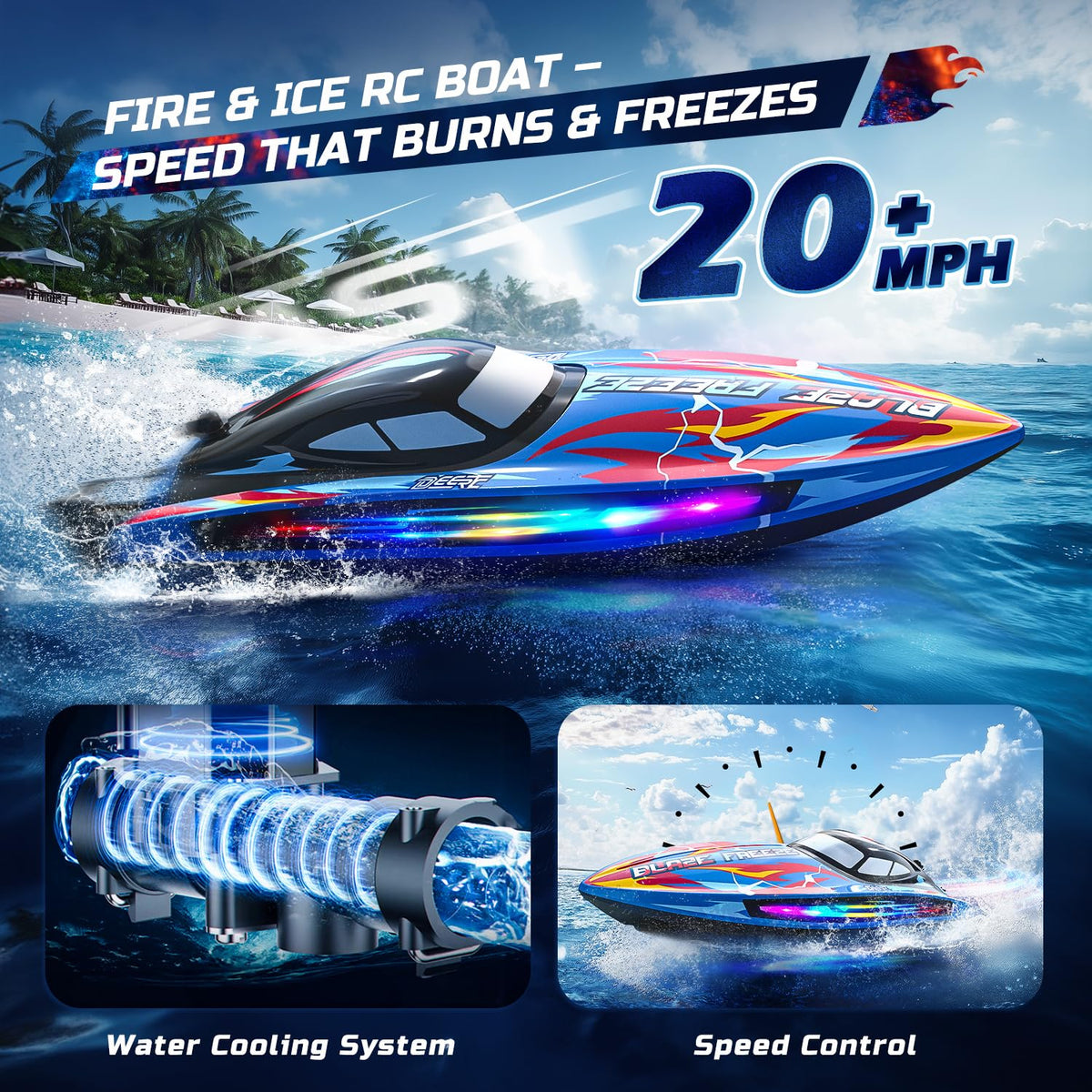 DEERC Fast RC Boat for Pool & Lake with LED Light, 20+MPH, 40+ Mins, S